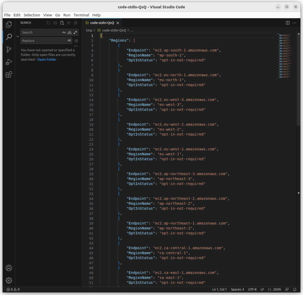 AWS CLIの結果をVisual Studio Codeで開く！（JSON／Linux）