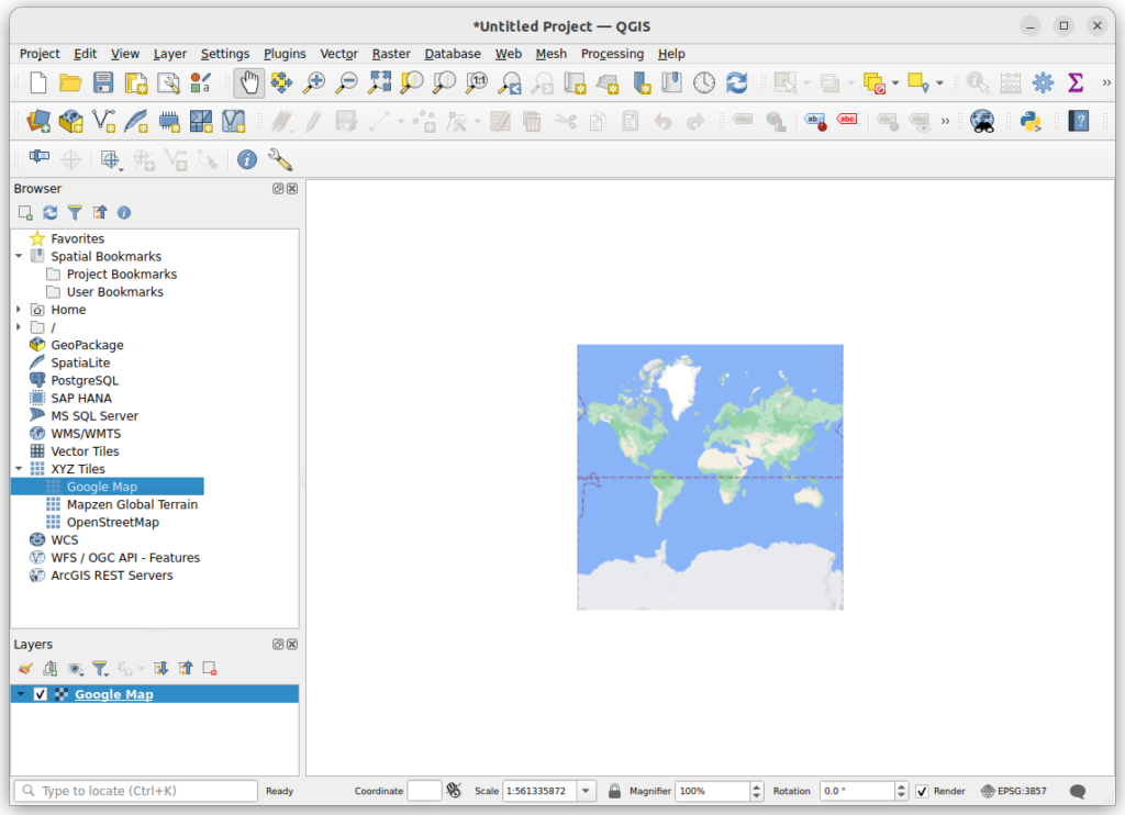 QGISのXYZ Tilesの機能でGoogle Mapを表示する！