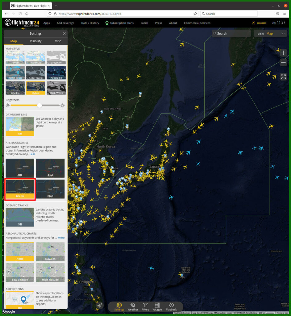 Flightradar24で飛行情報区（FIR）の情報を表示する！（Gold以上）